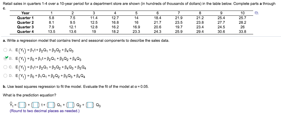 Solved Retail sales in quarters 1-4 over a 10-year period | Chegg.com