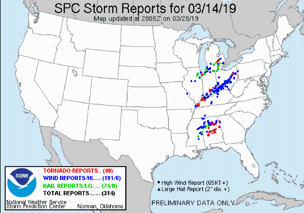 Solved SPC Storm Reports for 03/14/19 Map updated at 20087 | Chegg.com