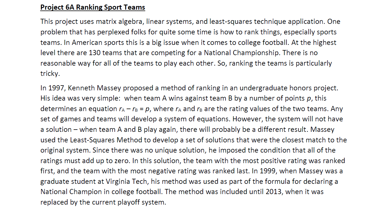 Project 6A Ranking Sport Teams This project uses | Chegg.com
