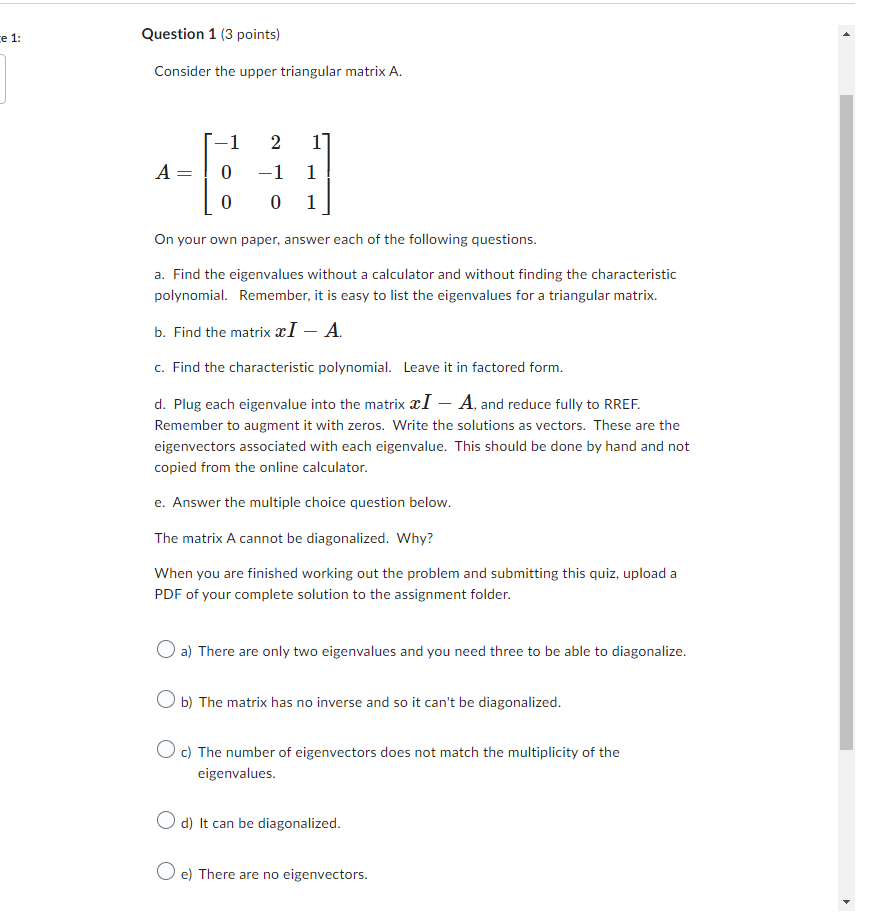 Solved Question 1 ( 3 points) Consider the upper triangular | Chegg.com
