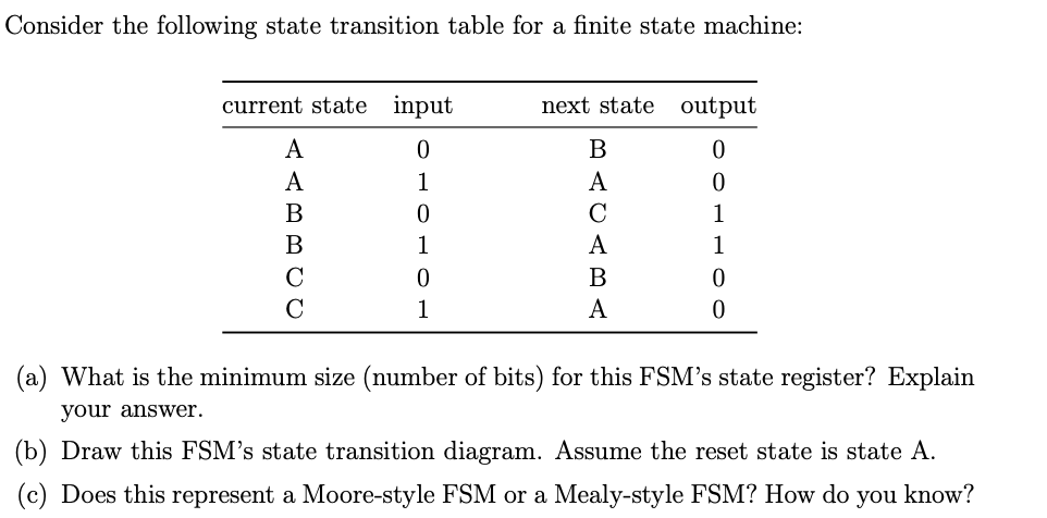 Solved Consider the following state transition table for a | Chegg.com