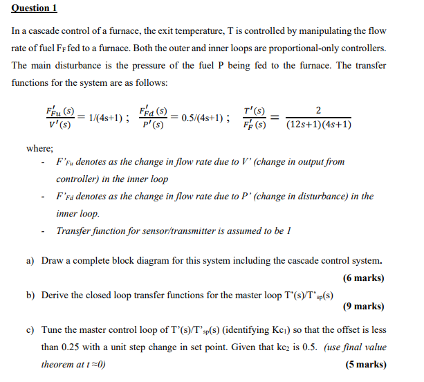 Solved Question 1 In a cascade control of a furnace, the | Chegg.com