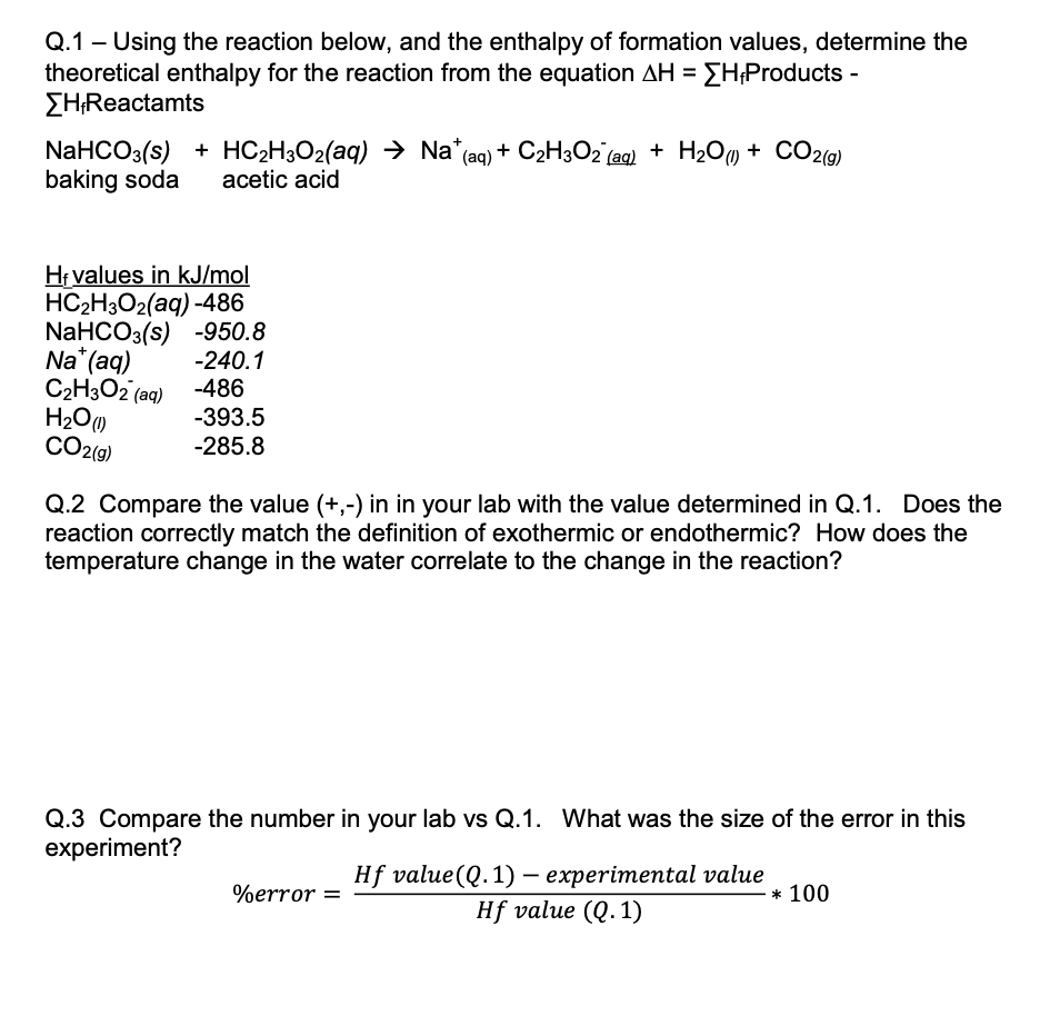 Measuring Enthalpy Results NaHCO3( | Chegg.com