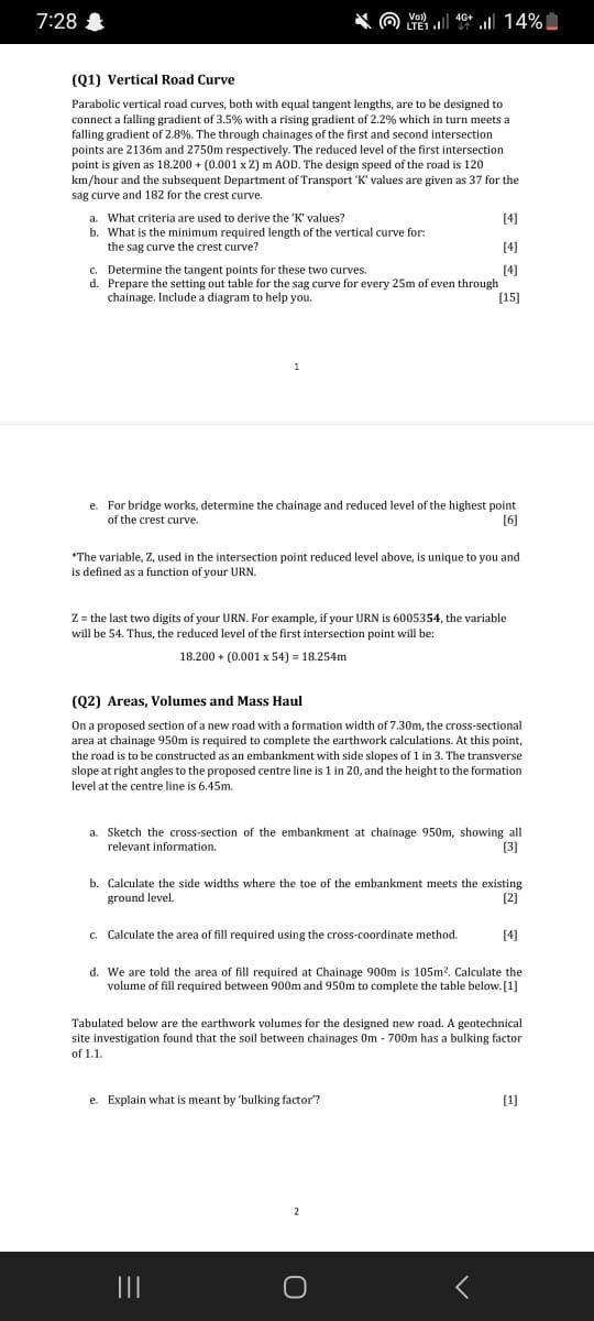Solved (Q1) Vertical Road Curve Parabolic vertical road | Chegg.com