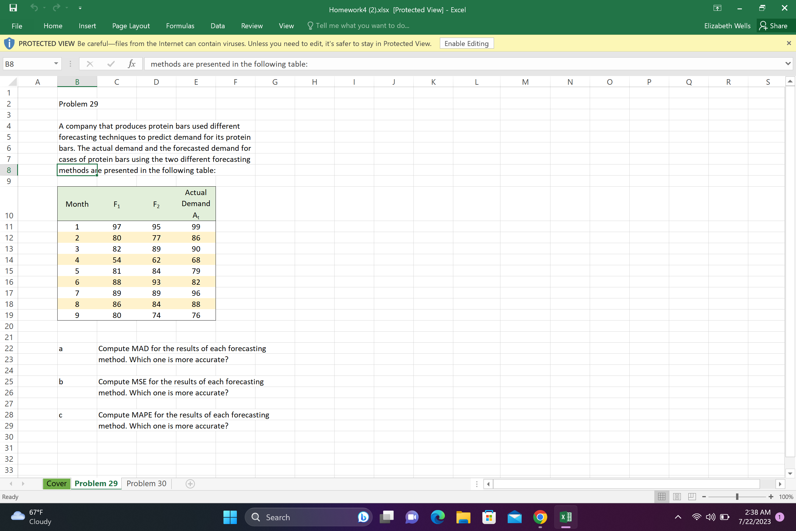 Solved Homework4 (2).xlsx [Protected View] - Excel File Home | Chegg.com