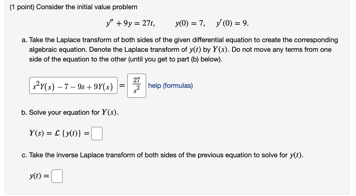 Solved (1 point) Consider the initial value problem V" +9y = | Chegg.com