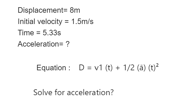 Solved = Displacement= 8m Initial velocity = 1.5m/s Time = | Chegg.com