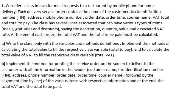 Solved 1. Consider a class in Java for meal requests to a | Chegg.com