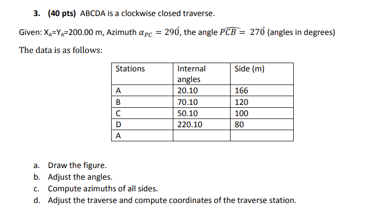 Solved 3 40 Pts Abcda Is A Clockwise Closed Traverse