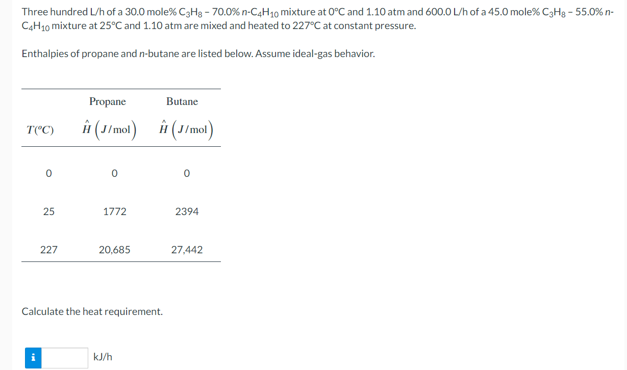 Solved Three hundred L/h of a 30.0 mole\% C3H8−70.0%n−C4H10 | Chegg.com