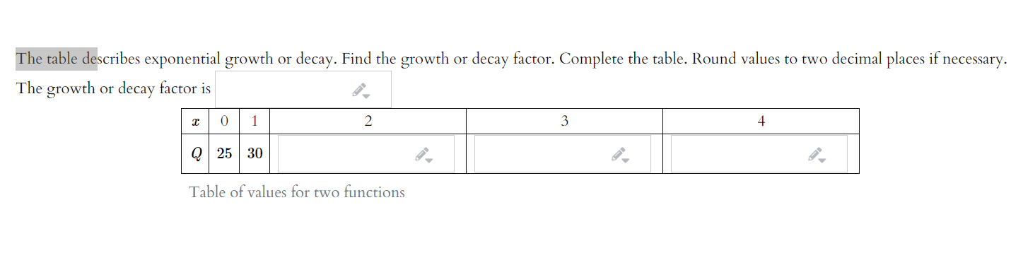 Solved The table describes exponential growth or decay. Find | Chegg.com