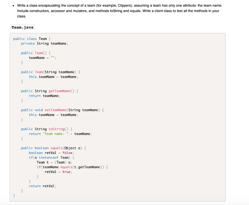 Solved Write A Class Encapsulating The Concept Of A Team 3889