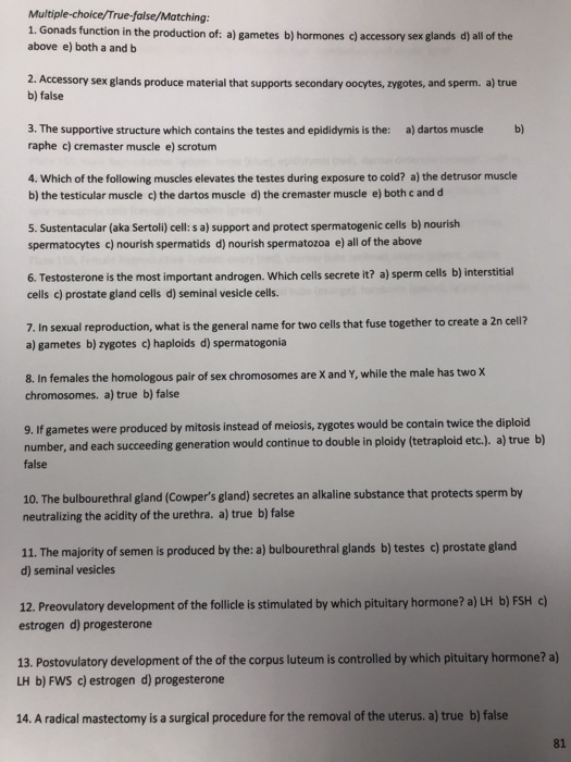 Solved Multiple-choice/True-false/Matching 1. Gonads | Chegg.com