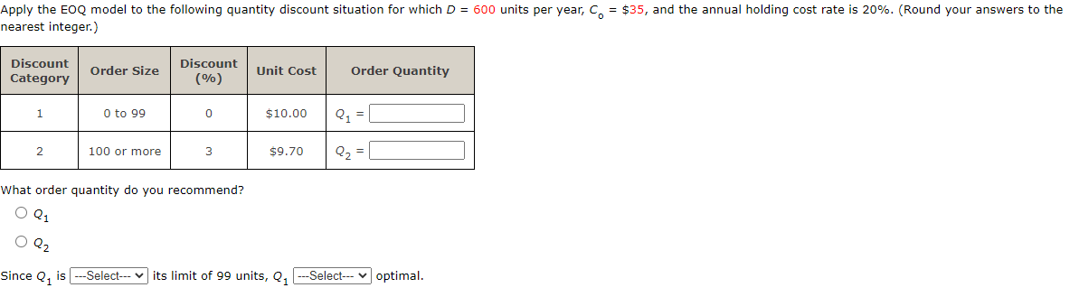 Solved Apply the EOQ model to the following quantity | Chegg.com