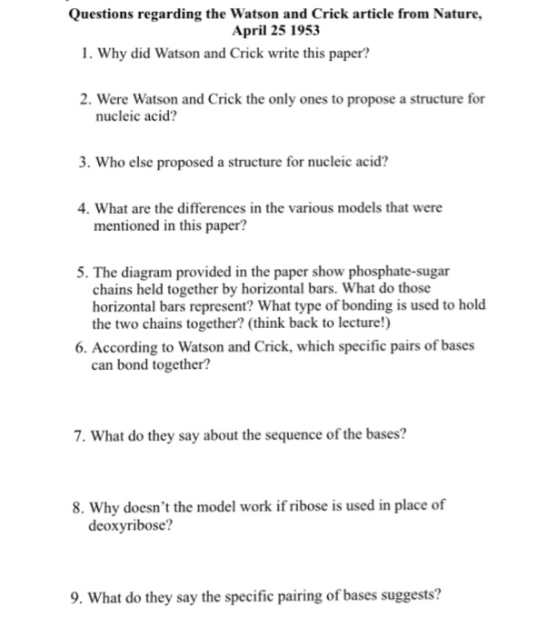 Solved Questions regarding the Watson and Crick article from | Chegg.com