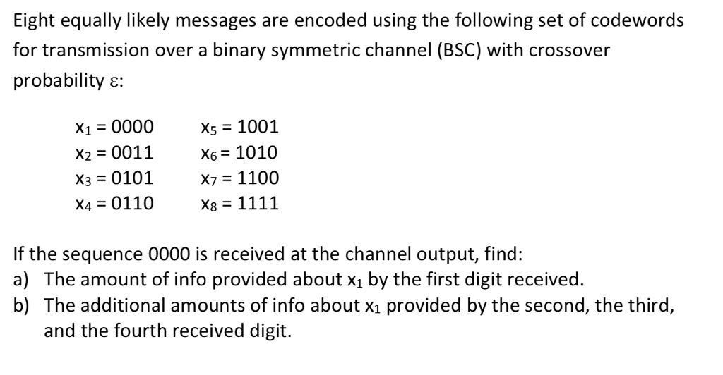 Solved Eight equally likely messages are encoded using the | Chegg.com