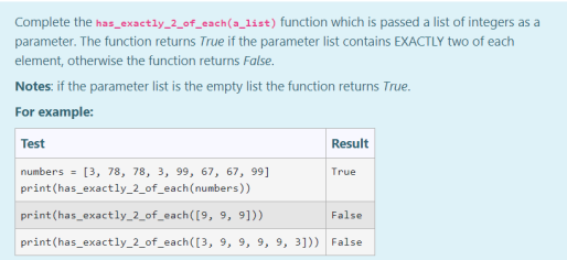 Solved Complete the has_exactly_2_of_each(a_list) function | Chegg.com