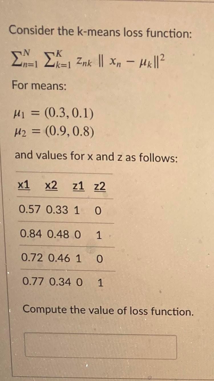 Solved Consider the k-means loss function: EN EK, Znk || Xn | Chegg.com