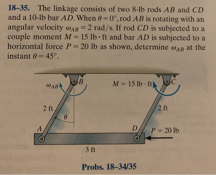 Solved 18-35. The linkage consists of two 8-lb rods AB and | Chegg.com