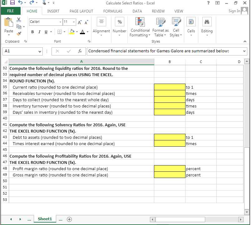 Solved $ Calculate Select Ratios - Excel ? El - FILE HOME | Chegg.com