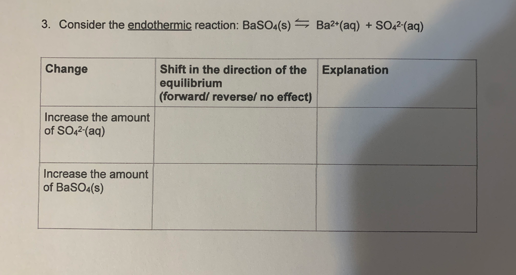 Solved 3. Consider the endothermic reaction: BaSO4(s) = | Chegg.com