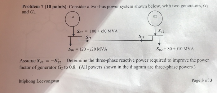 Solved Problem 7 (10 points): Consider a two-bus power | Chegg.com
