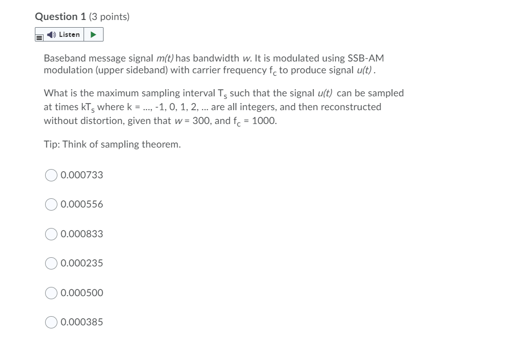 Solved Question 1 (3 points) E Listen Baseband message | Chegg.com