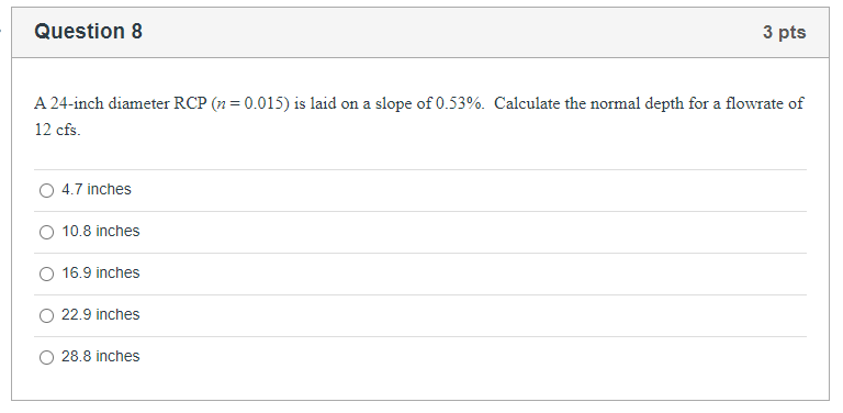 Solved A 24-inch diameter RCP(n=0.015) is laid on a slope of | Chegg.com