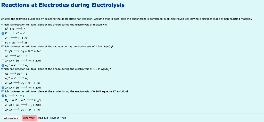 Solved Reactions at Electrodes during Electrolysis Answer | Chegg.com