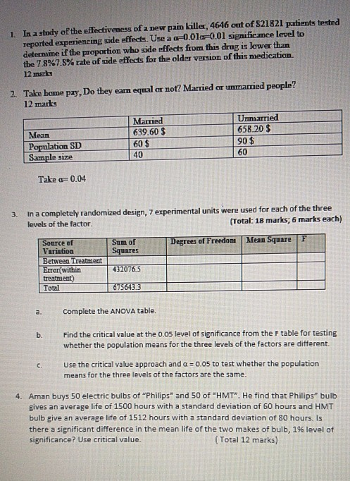 Solved In a study of the effectiveness of a new pam killer, | Chegg.com
