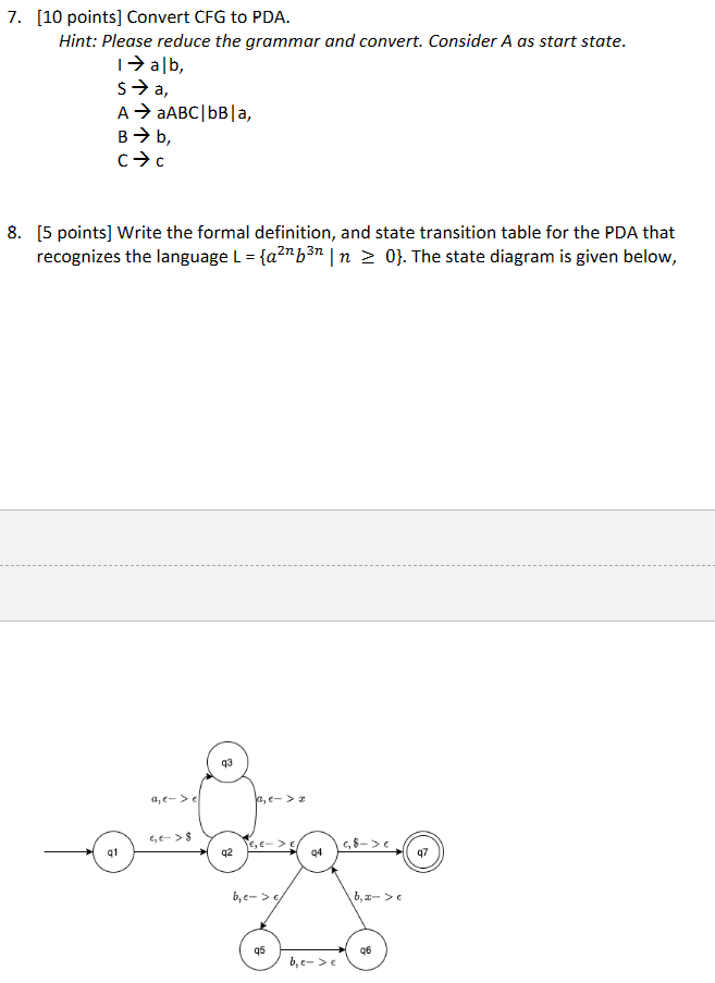 7. [10 points ] Convert CFG to PDA. Hint: Please | Chegg.com