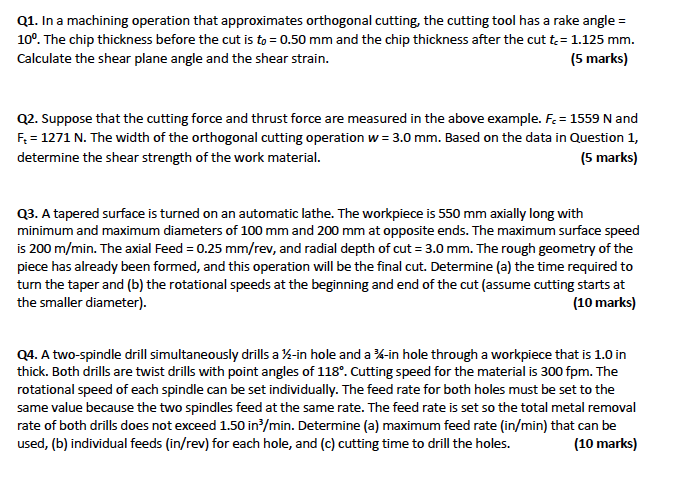Solved Q1. In a machining operation that approximates | Chegg.com