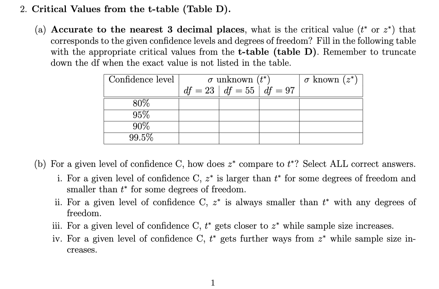Solved Critical Values from the t-table (Table D). (a) | Chegg.com