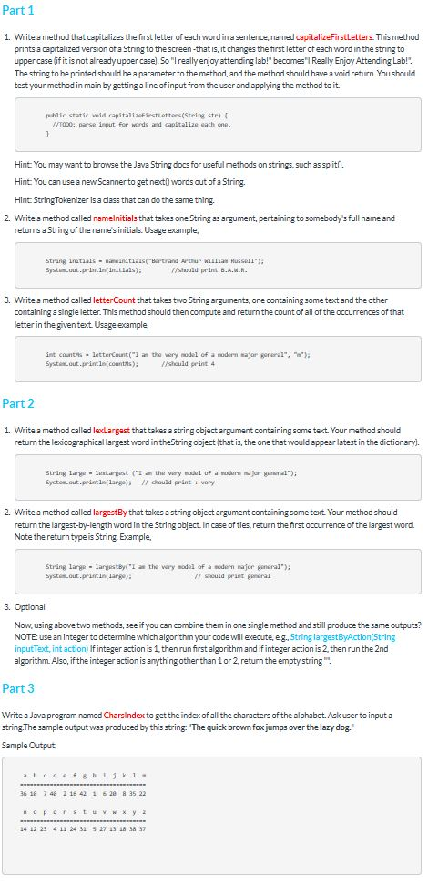 Solved Part 1 1. Write a method that capitalizes the first | Chegg.com