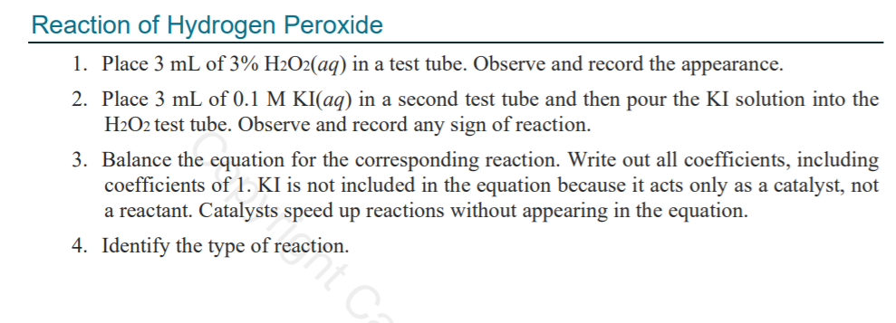Solved Reaction of Hydrogen peroxide 1. Place 3 mL of 3% | Chegg.com