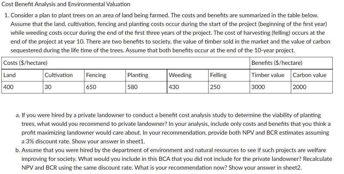 Solved Cost Benefit Analysis and Environmental Valuation 1. | Chegg.com
