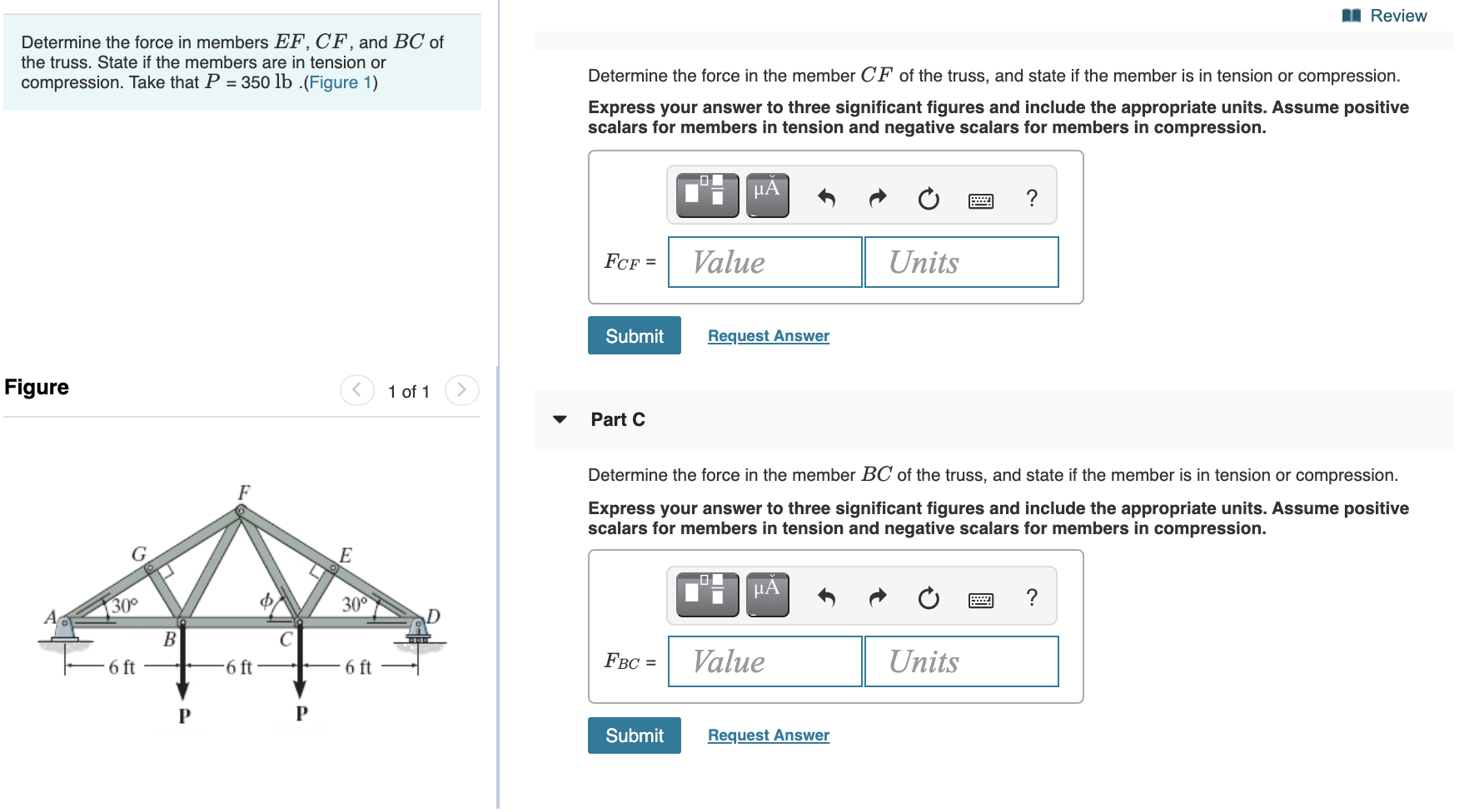 Solved n Review Determine the force in members EF, CF, and | Chegg.com