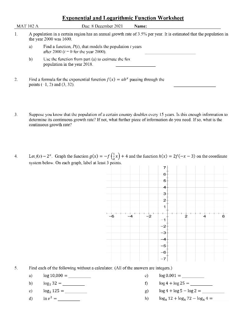 Solved Exponential and Logarithmic Function Worksheet MAT | Chegg.com