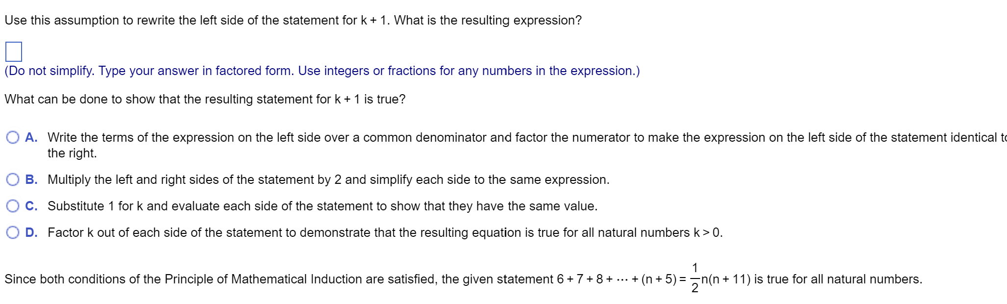 Solved 6+7+8+⋯+(n+5)=21n(n+11) What two conditions must the | Chegg.com