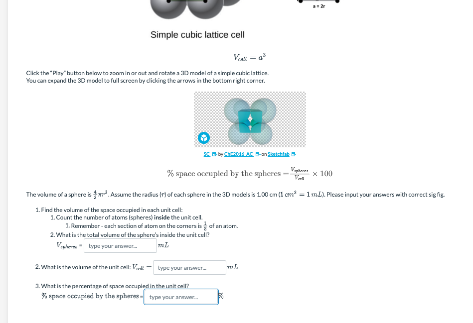 Solved Simple cubic lattice cell Vcell =a3 Click the "Play" | Chegg.com
