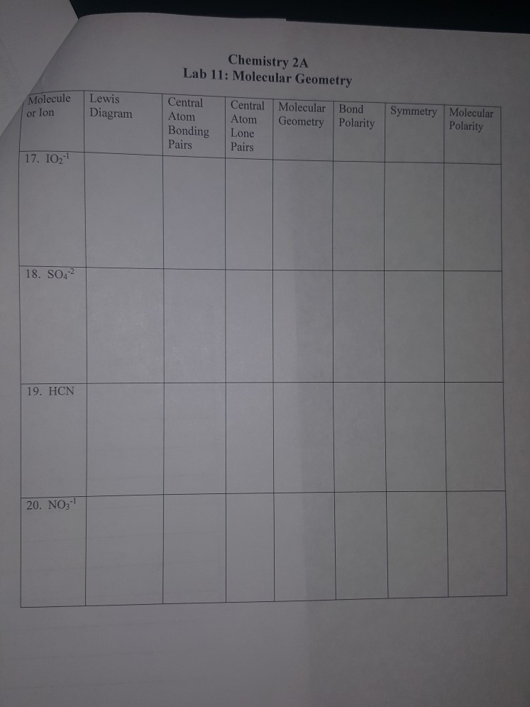 Solved Chemistry 2A Lab 11: Molecular Geometry Section | Chegg.com