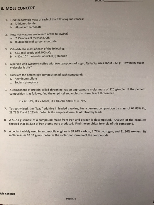 Solved 6. MOLE CONCEPT Find the formula mass of each of the | Chegg.com
