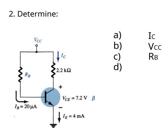 Solved 2. Determine: a) Ic Vcc Vcc | Ic RB d) 2.2 k22 RB + | Chegg.com