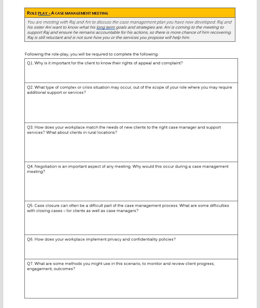 ROLE PLAY - ﻿A CASE MANAGEMENT MEETINGYou are meeting | Chegg.com