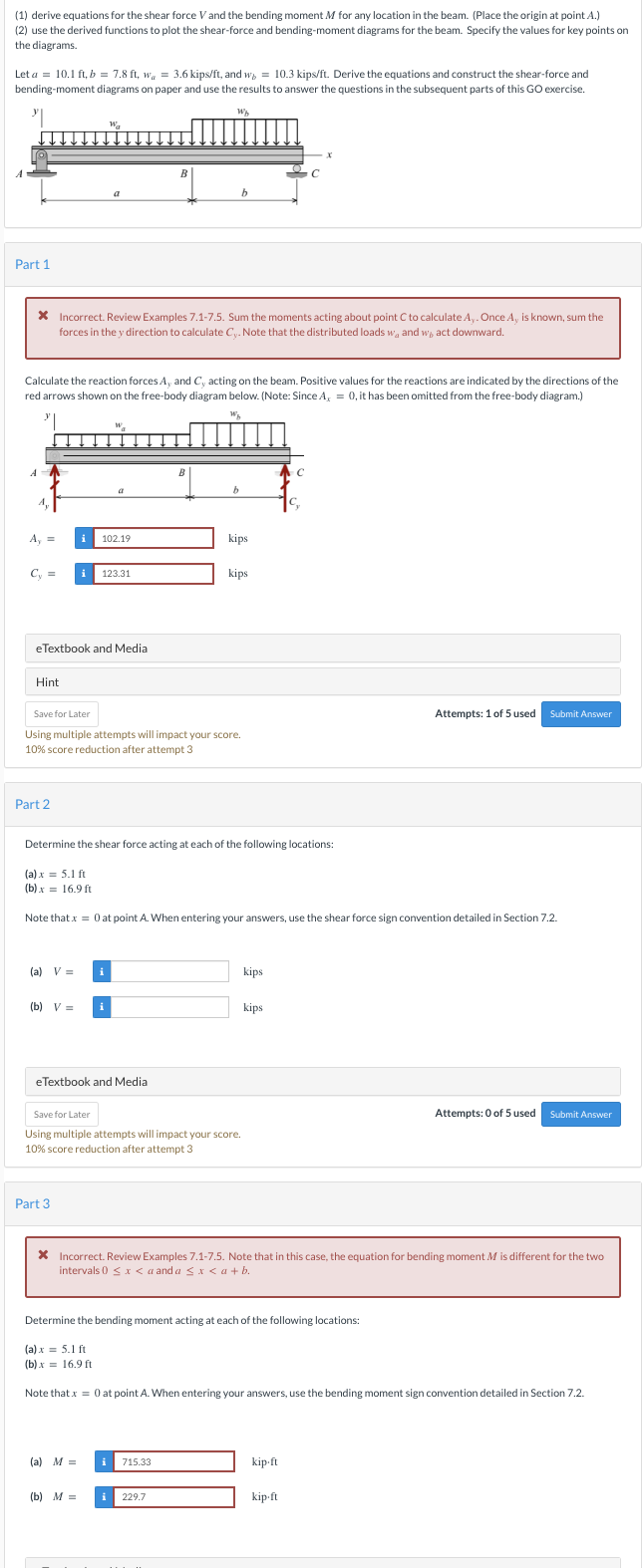 Solved (1) derive equations for the shear force V and the | Chegg.com