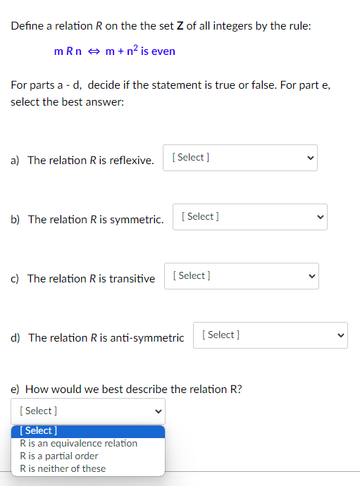 Solved Define a relation R ﻿on the the Z ﻿of all integers by | Chegg.com