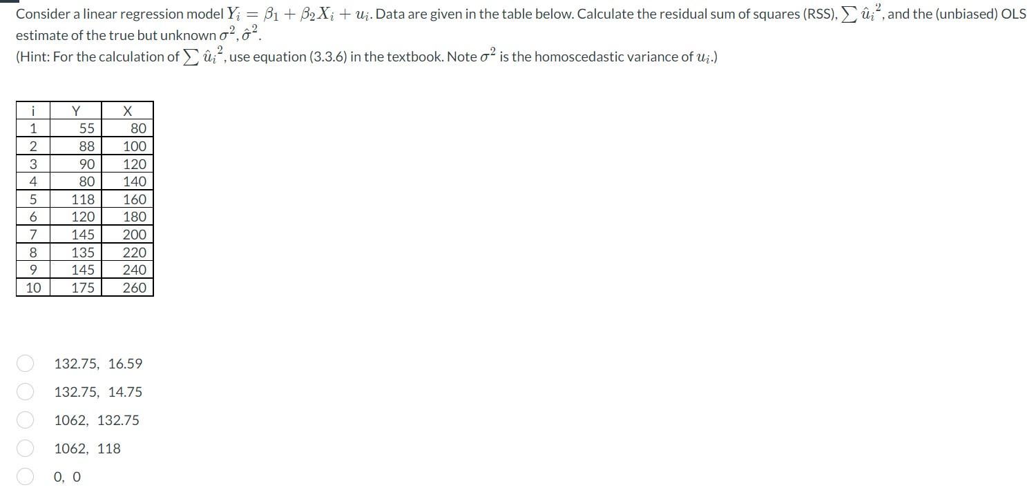 Consider a linear regression model Yi=β1+β2Xi+ui. | Chegg.com