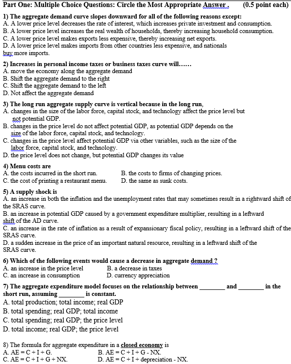 Solved Part One: Multiple Choice Questions: Circle the Most | Chegg.com