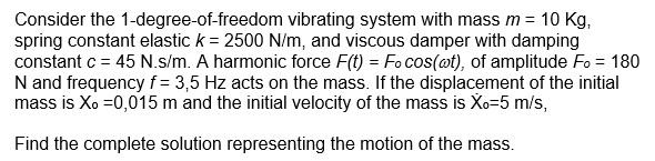 Solved Consider the 1-degree-of-freedom vibrating system | Chegg.com