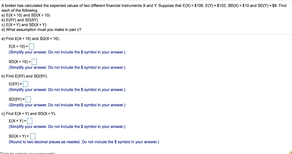 Solved A broker has calculated the expected values of two | Chegg.com